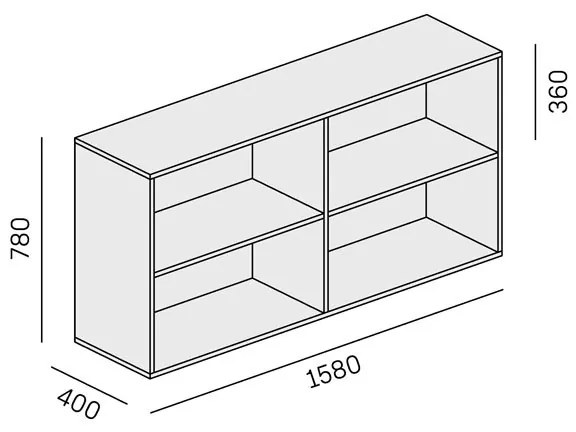 Kancelářský policový regál LAYERS, dlouhý, 2 police, 1582 x 400 x 777 mm, bílá