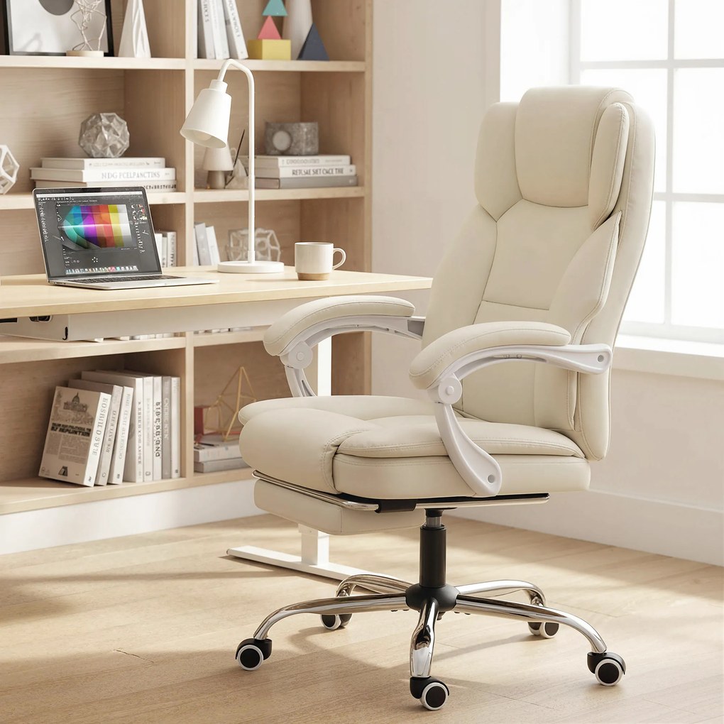HOMCOM ergonomická kancelářská židle — sklopné opěradlo, nastavitelná výška, podnožka, 360° otočná, taštičkové pružiny, ekokůže, béžová