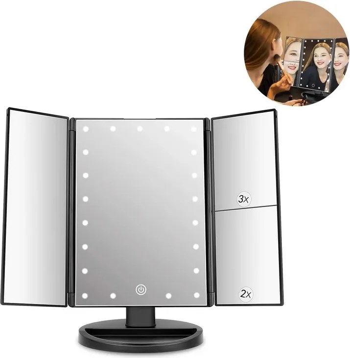 Zrcátko třípanelové s LED Dot osvětlením - černé