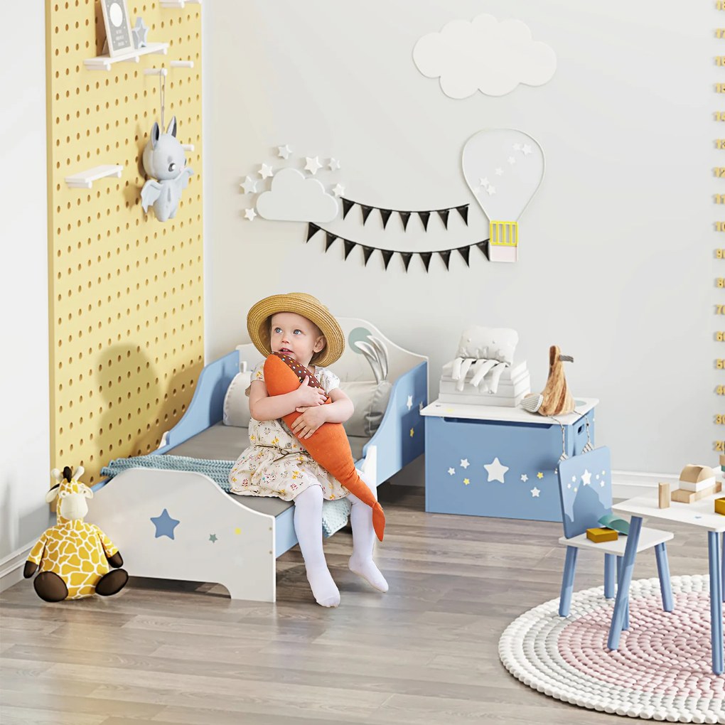 Dětská postel HOMCOM, nízká postel pro děti od 3 do 6 let, 143 x 74 cm, design hvězdy, včetně latě, do dětského pokoje, modro-bílá