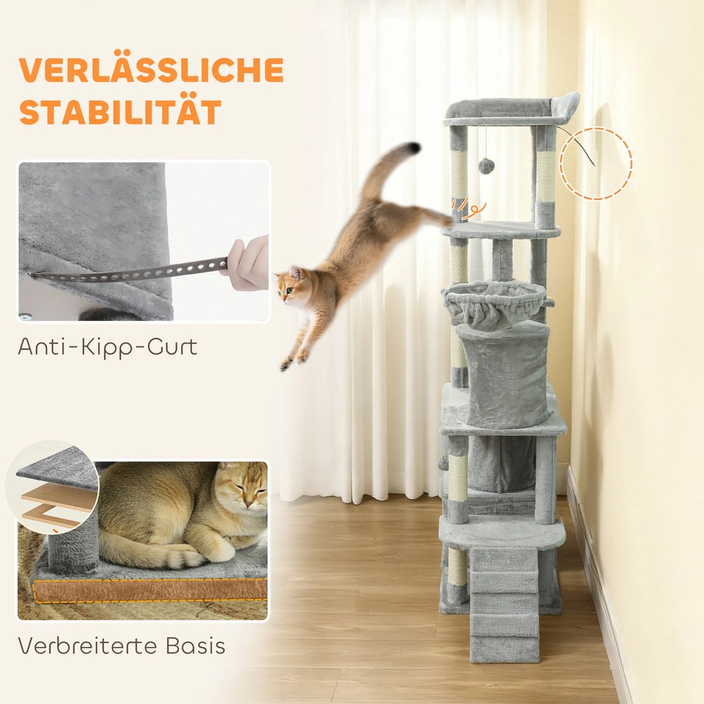 Škrabadlo pro kočky, 170 cm, tunel, jeskyně, velká základna, sisalové sloupky, světle šedá barva