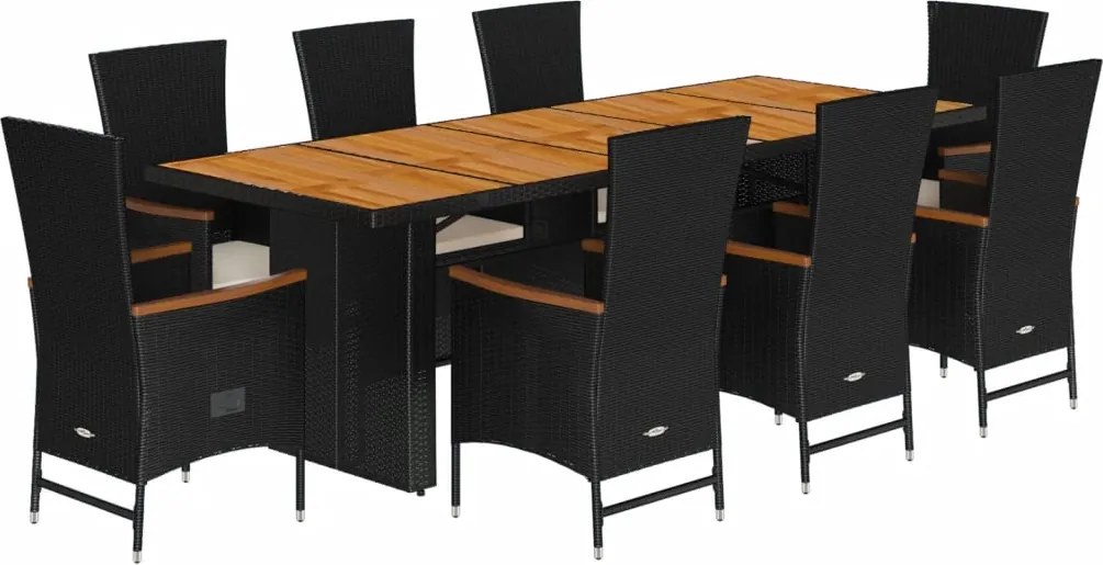 9dílný zahradní jídelní set s poduškami černý polyratan 3277524