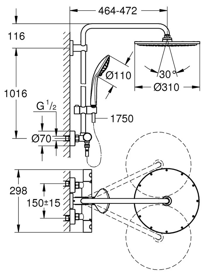 Grohe Euphoria System 310 - Sprchová souprava s termostatickou baterií na omítku, Hard Graphite 26075A00