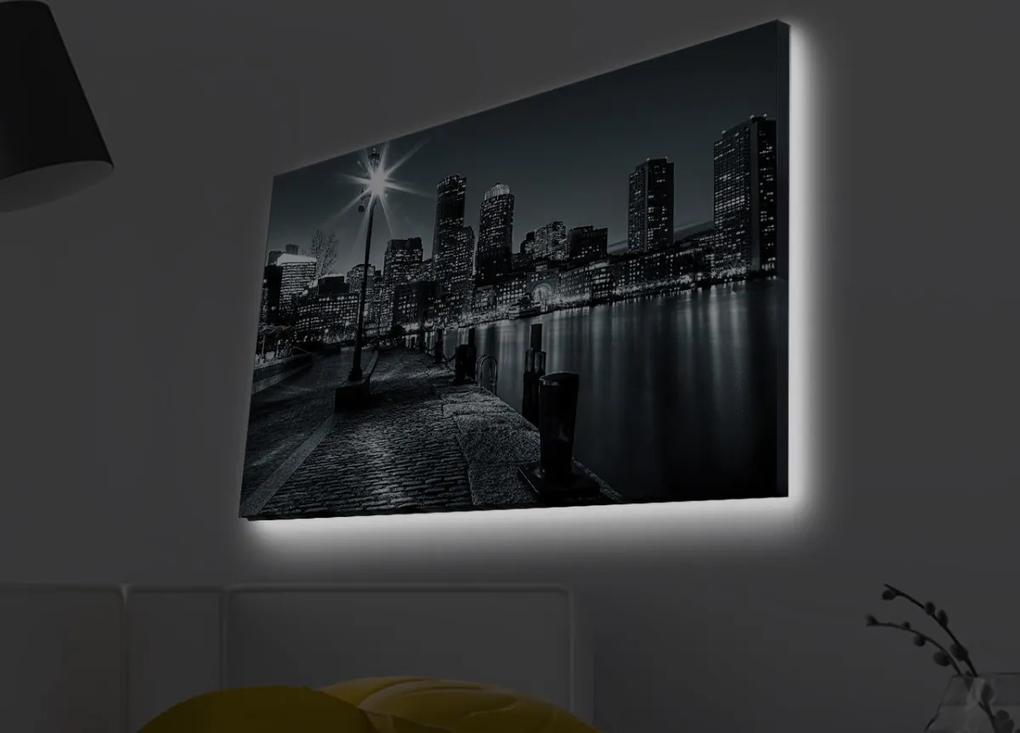 Obraz s LED osvětlením NOČNÍ MĚSTO S ŘEKOU 45 x 70 cm