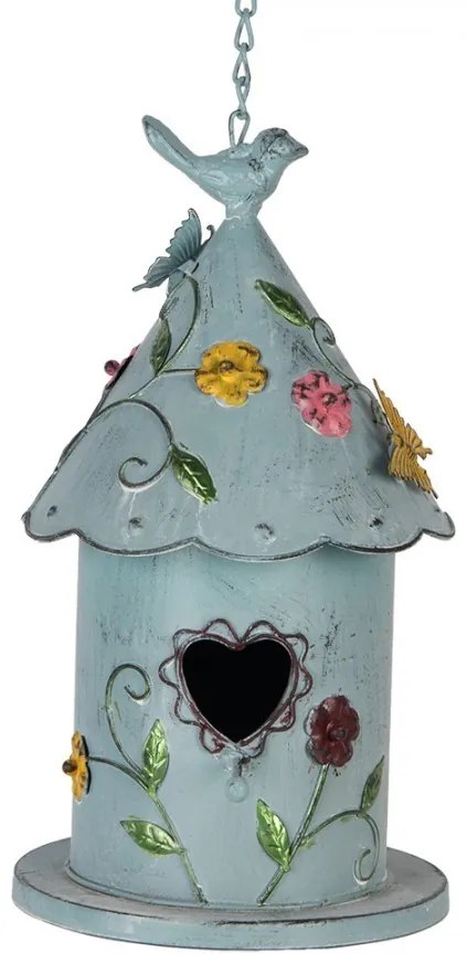 Modrá závěsná kovová dekorace ptačí budka s květy - 16*19*29 cm