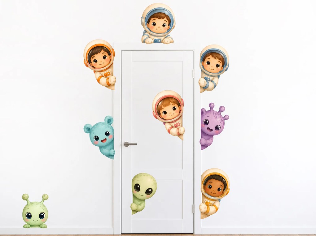 Kosmonauti a ufoni kolem dveří vesmírné samolepky na zeď arch 34 x 46 cm