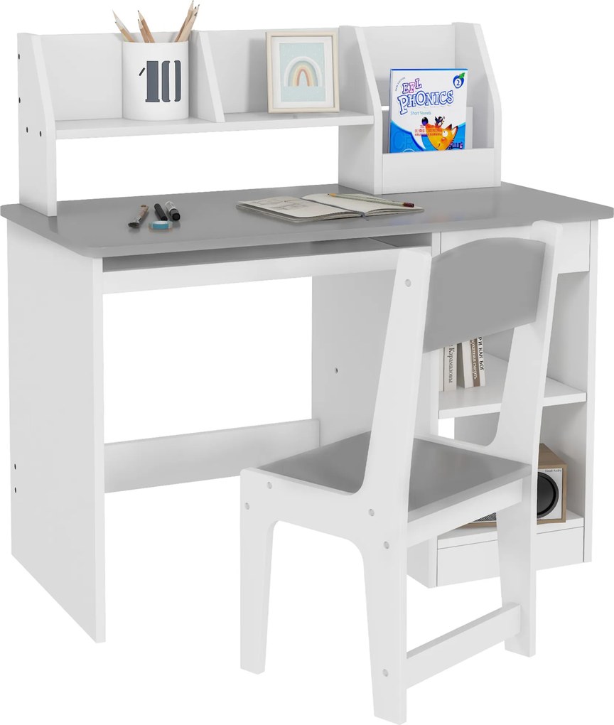 ZONEKIZ dětský psací stůl s ergonomickou židlí s vysouvací přihrádkou na klávesnici, nikami a otevřenými policemi, 90 x 45 x 90 cm šedý