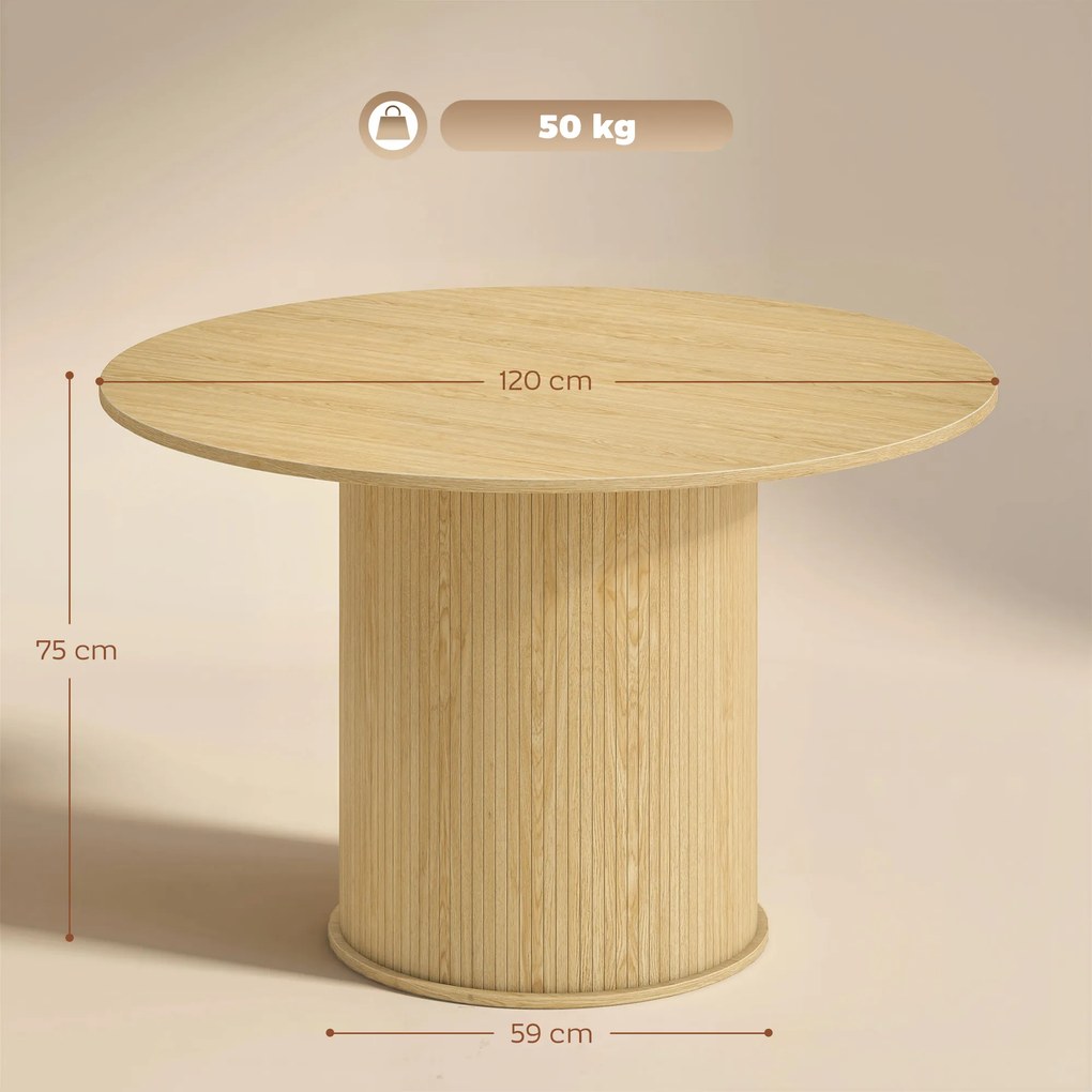 HOMCOM kulatý jídelní stůl pro 5 osob, Ø 120 x 76 cm, kuchyňský stůl s drážkovanou válcovou nohou, přírodní dřevo