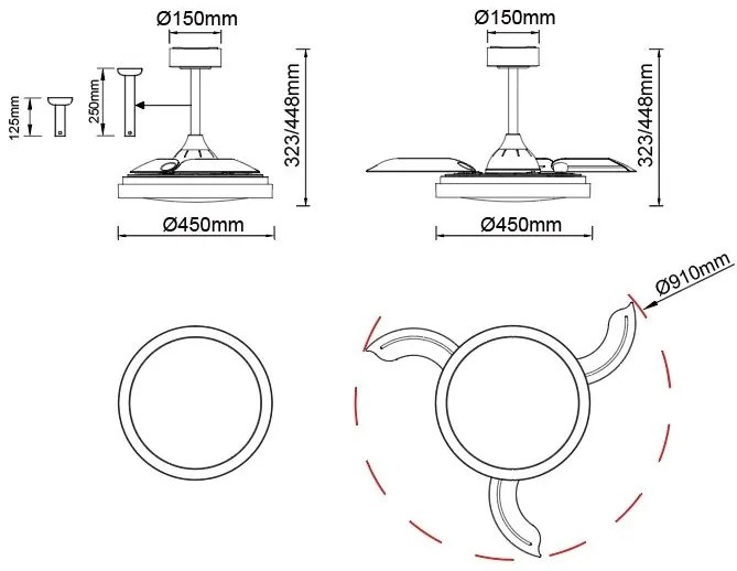 Mantra Mistral MIni, rozvinovací ventilátor se svítidlem a dálk. ovladačem, LED 40W 3000-6500K, černá, průměr 45/91cm