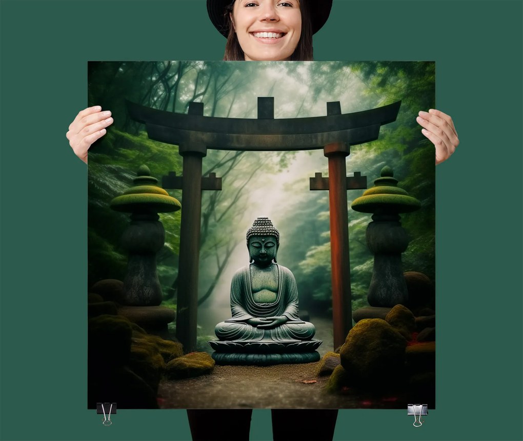 Plakát - Socha buddhy v bráně Torii FeelHappy.cz Velikost plakátu: 80 x 80 cm