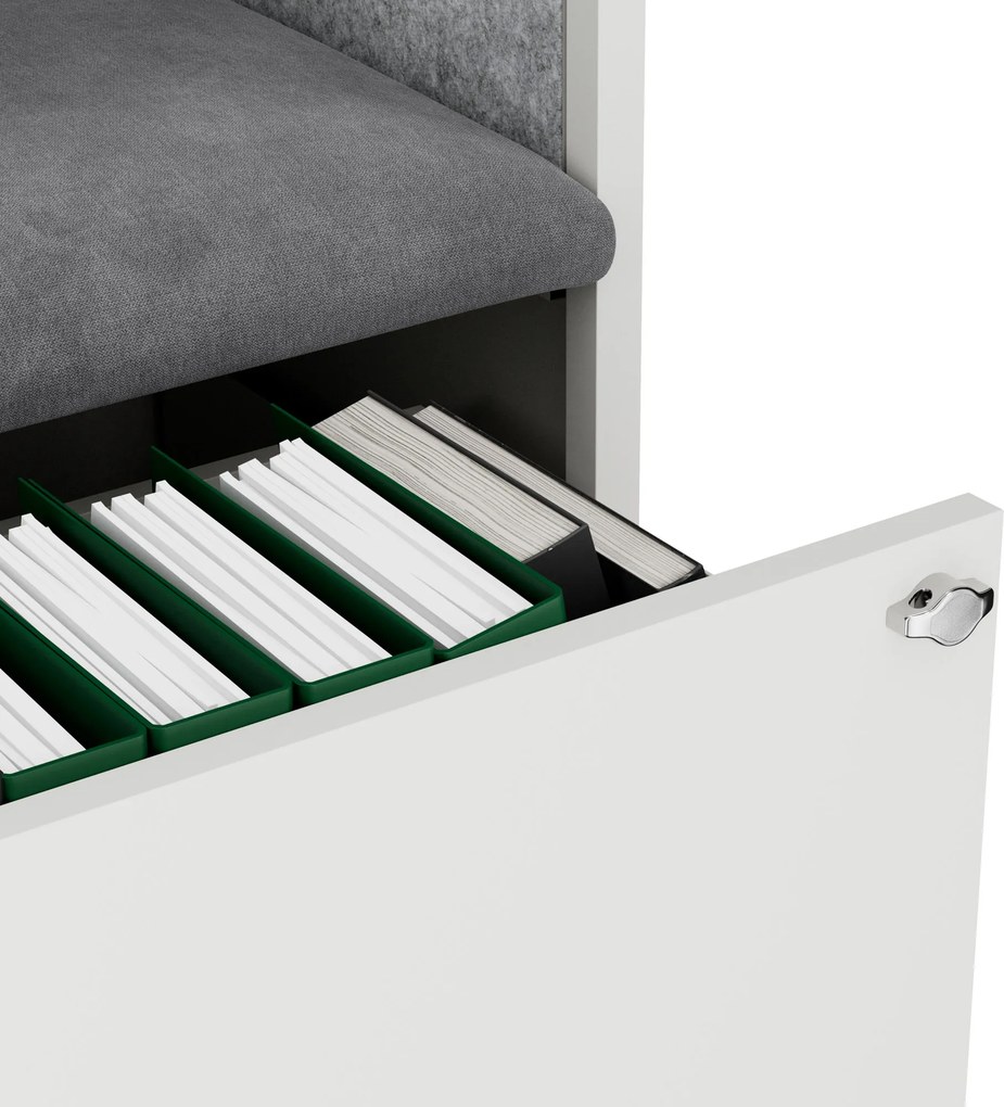 Kancelářská akustická kabina se sedátkem a USB-C portem, korpus bílý / sedák šedá, 600 mm: SALLY MentalBox