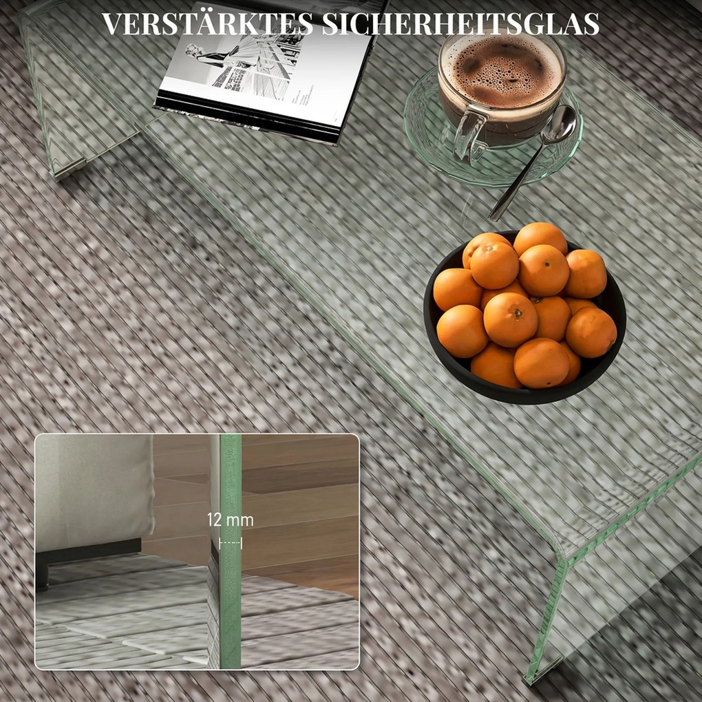 HOMCOM Moderní Monoblokový Kávový Stolek s Protiskluzovými Nohami, Temperované Sklo, 100x50x35 cm, Průhledný