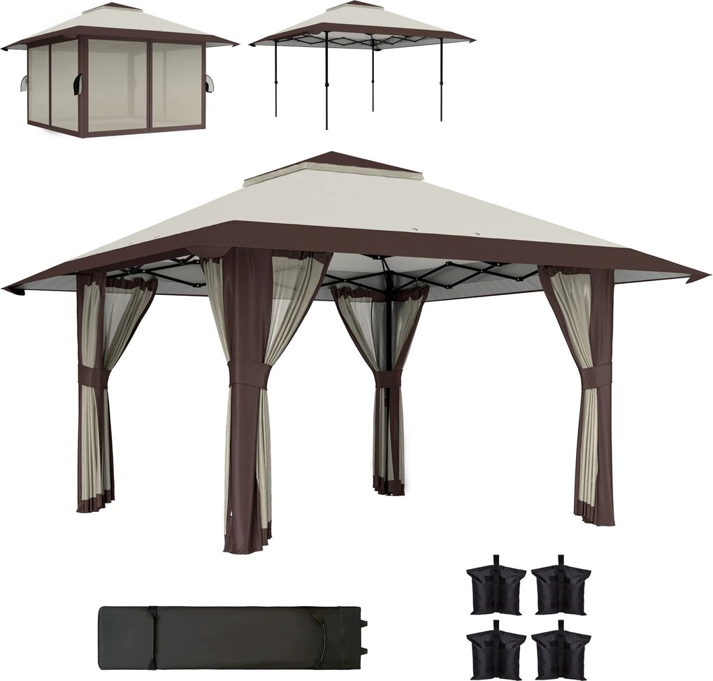 Pavilon Outsunny 4x4m Vodotěsný S Nastavitelnou Výškou Se Záclonami UV 50+ Skládací Party Stan S Nosným Vakem A Písky Na Zahradu Pavilon Na Kempování