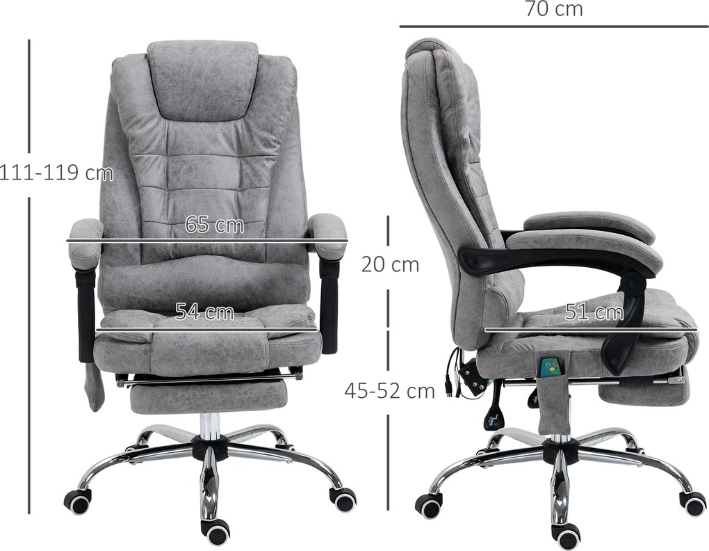 Vinsetto Masážní Hřejivá Kancelářská Židle Ergonomická S Nastavitelnou Výškou A Sklopným Opěradlem Z Mikrovlákna Šedá