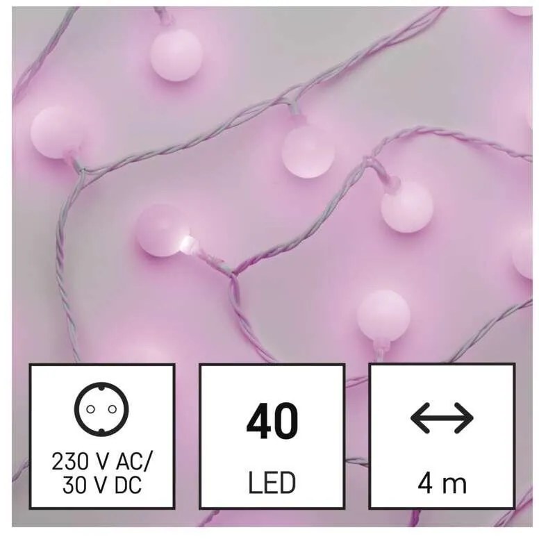 Emos LED světelný řetěz Ball růžová, IP44, 4m časovač