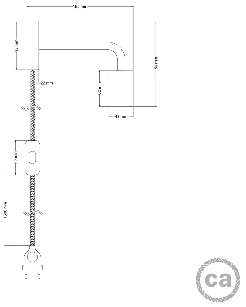 creative cables Spostaluce, nástěnná kovová lampa s prodloužením do tvaru l s vypínačem a zástrčkou Barva: Matný bronz