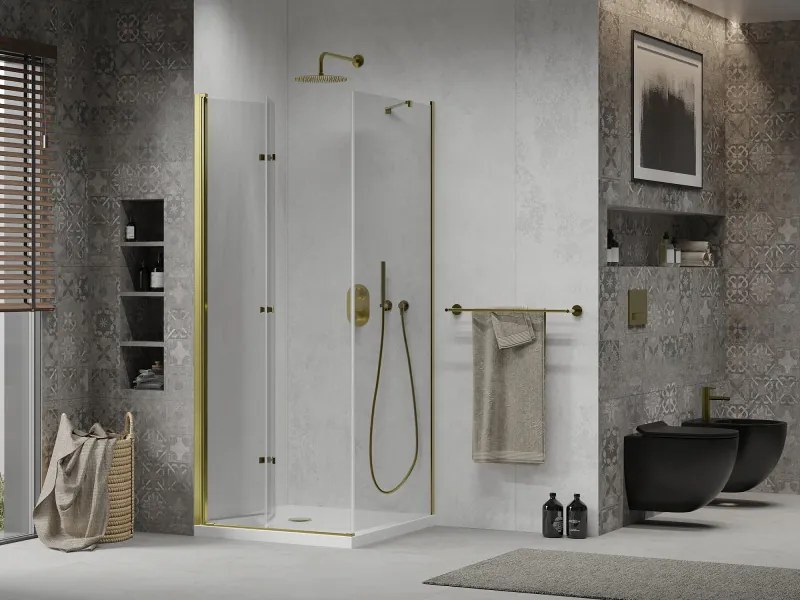Mexen Lima sprchový kout 90x90cm, 6mm sklo, zlatý profil - čiré sklo + Slim sprchová vanička - 856-090-090-50-00-4010
