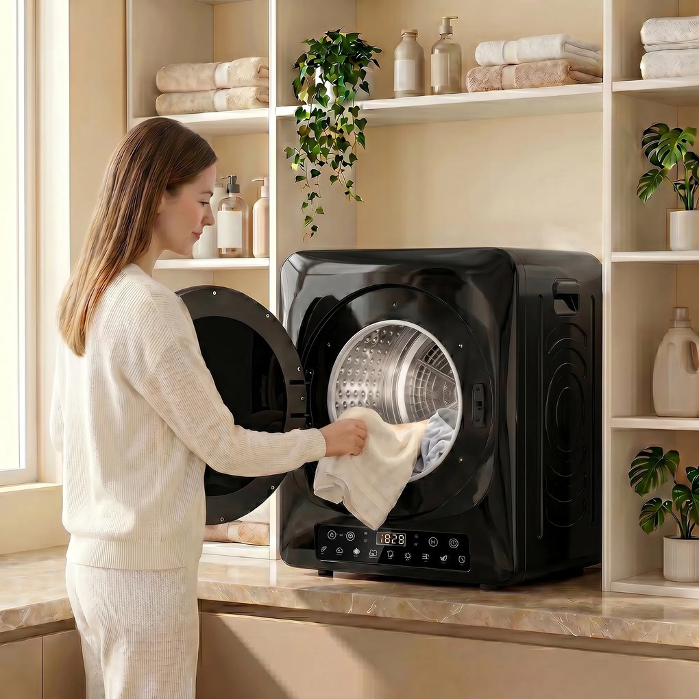 HOMCOM 1000 W kompaktní odvětrávací sušička s extra sušicím a ECO režimy, nastavením časovače a teploty, černá