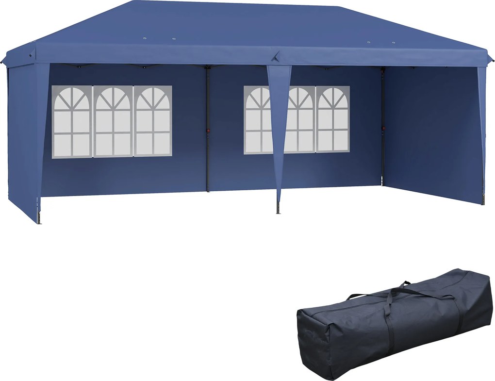Outsunny skládací pavilon 6x3 m, pop-up s 4 odnímatelnými bočními stěnami, zahradní pavilon se 2 okny a přepravní taškou, modrý