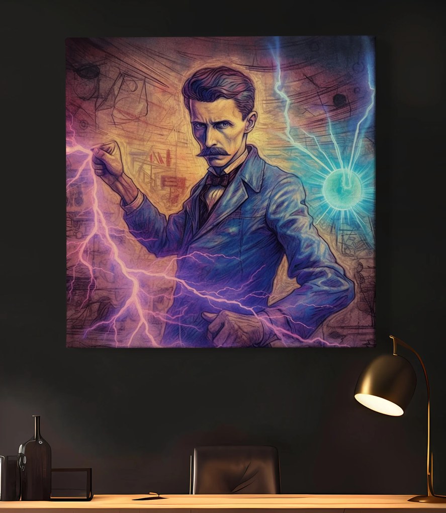 Obraz na plátně - Nikola Tesla pán blesků FeelHappy.cz Velikost obrazu: 100 x 100 cm