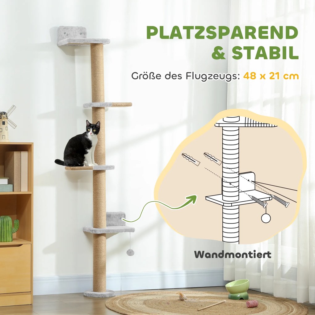 PawHut Kočičí škrabadlo, 5úrovňový design, hračky, sisalové sloupky, plyšová látka, světle šedé