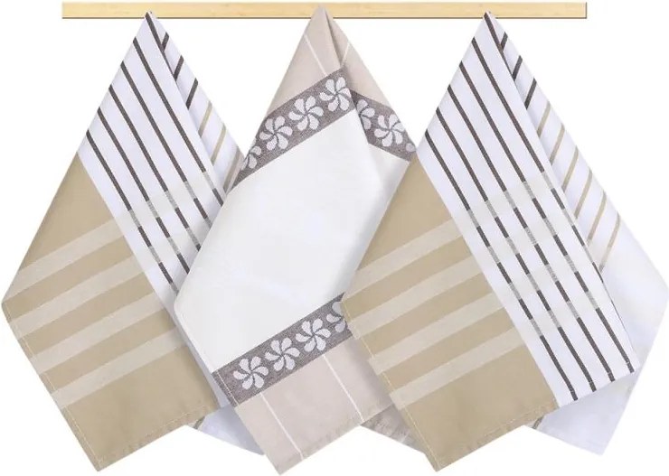 Bellatex Kuchyňské utěrky sada 3 kusů 50x70 cm Proužek Béžová,Hnědá,Bílá