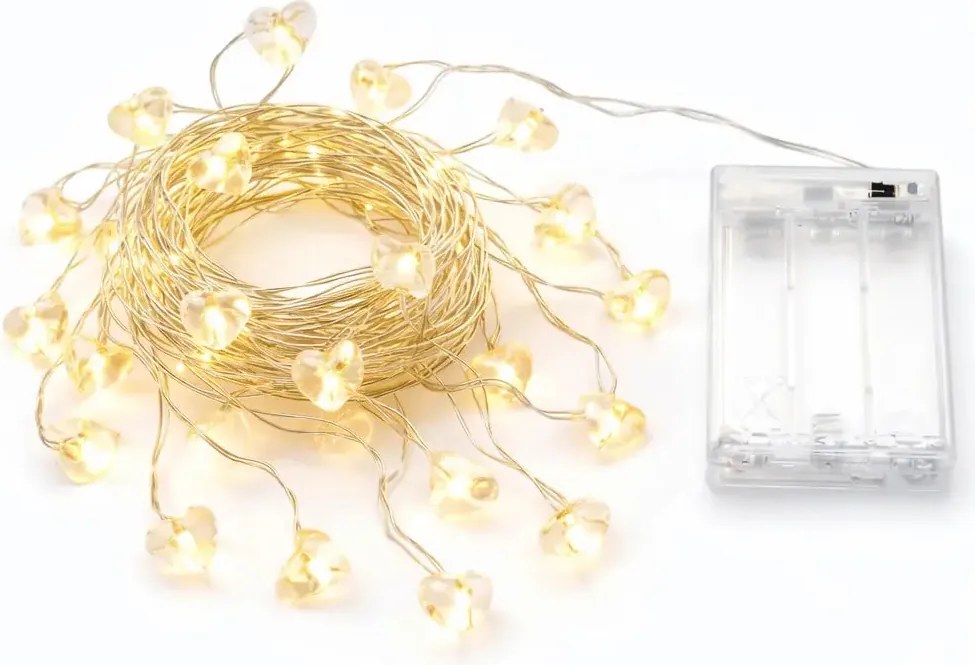 LED světýlka na baterie, srdíčka, 2,3 m, teple bílá, 20 diod, čirý kabel, IP20 interiér, 3 × AA