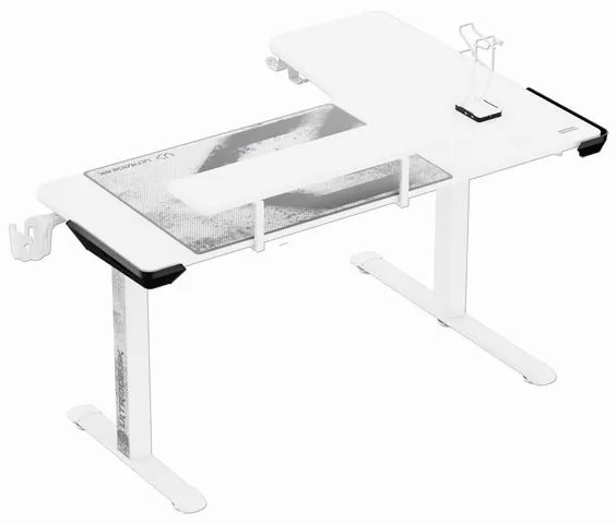 Herní stůl ULTRADESK WINGER – 111x155x60 cm, elektricky nastavitelná výška, RGB podsvícení, bílá