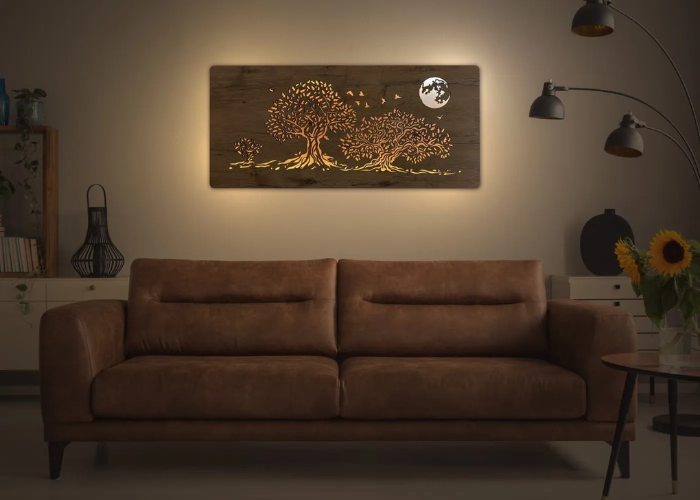 Li-Go "Tři duby a měsíc" světelný obraz s baterií 110x50cm varianta: ovládání na obraze bez dálkového ovladače, provedení: bříza