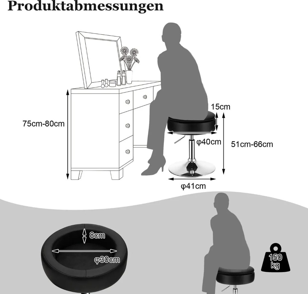 Costway Stolička na make-up s úložným prostorem otočná o 360° z umělé kůže černé