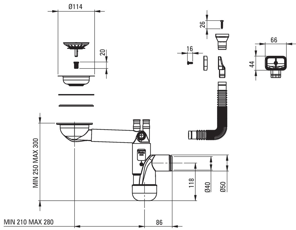 Deante Egeria, nerezový dřez pod desku 1-komorový B/O 440x440x200 3,5" + prostorově úsporný sifon, vzor satyna, ZPE_010B