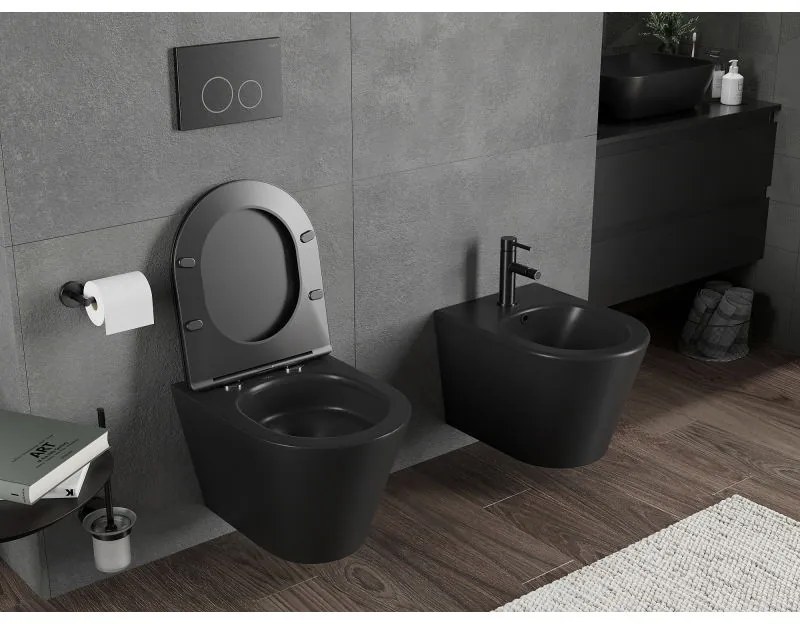 Mexen Rico, závěsná WC mísa 490x360x370 mm, Rimless Tornádo + WC sedátko z duroplastu, černá matná, 30721085T