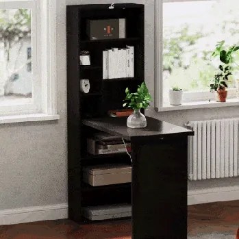 HOMCOM Skládací Počítačový Stůl, Stůl s Úložným Prostorem, Sklopný Nástěnný Stůl s Knihovnou, Pracoviště, Tabule a Nastavitelná Police, Hnědá