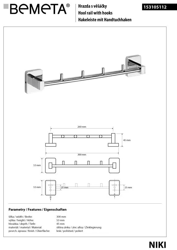 Bemeta Design NIKI: Věšák, 260 mm, se 4 háčky - 153105112