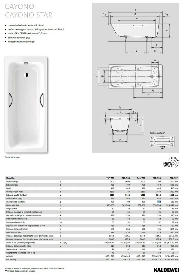 Kaldewei Cayono 750 - vana 170x75 cm, 275000010001