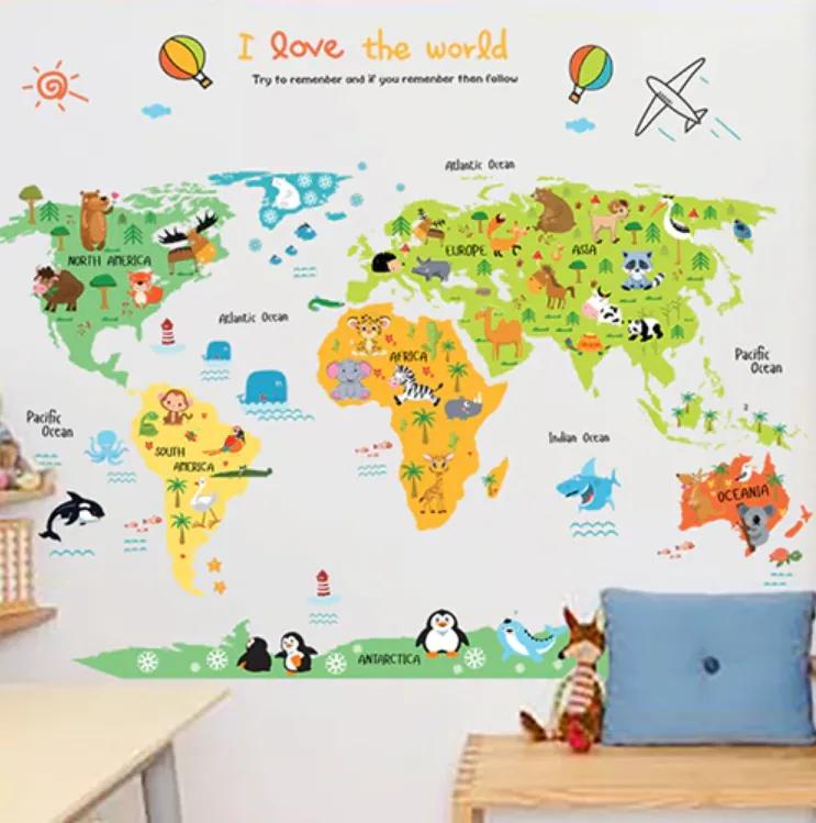 Živá Zeď Samolepka na zeď Dětská barevná mapa světa
