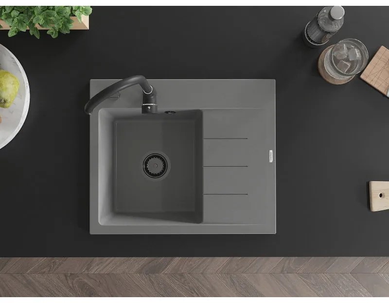 Mexen Ben, 1-komorový granitový dřez 600x500x190 mm, levý + černý sifon, šedá, 6522605000-71-B