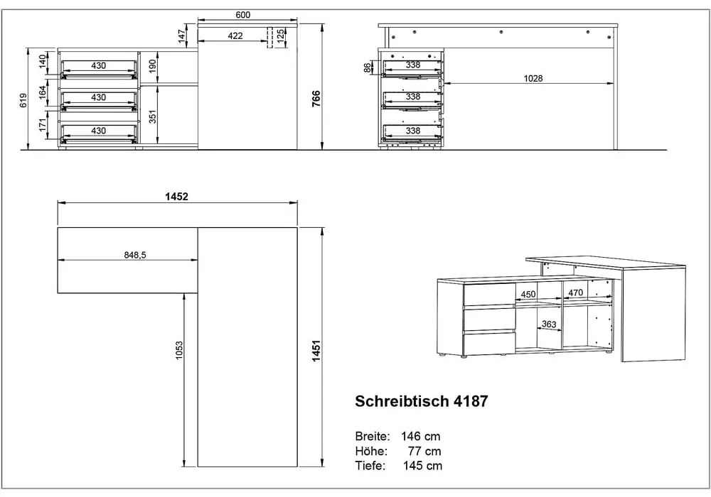 Rohový pracovní stůl s deskou v dubovém dekoru 145x146 cm Lissabon – Germania