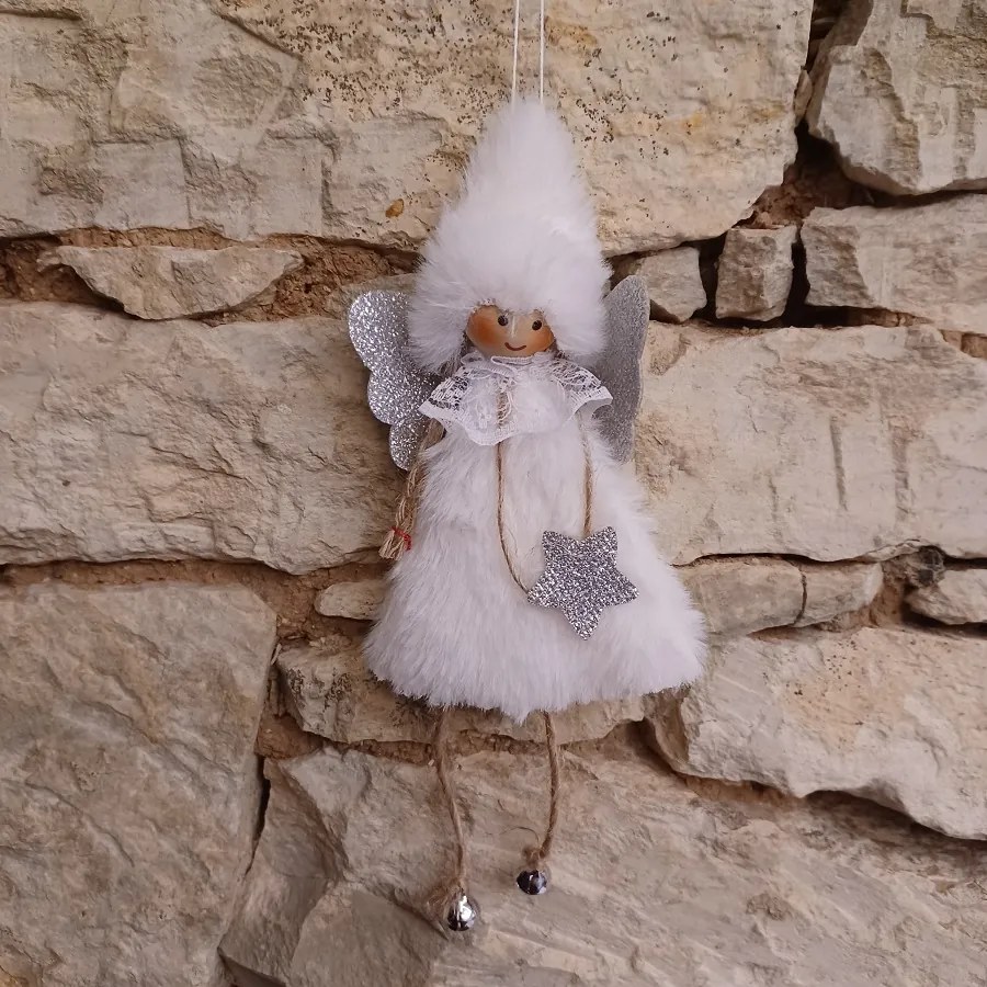 Sada vánočních ozdob andílků 11,5 cm, bílá, dřevo, příze