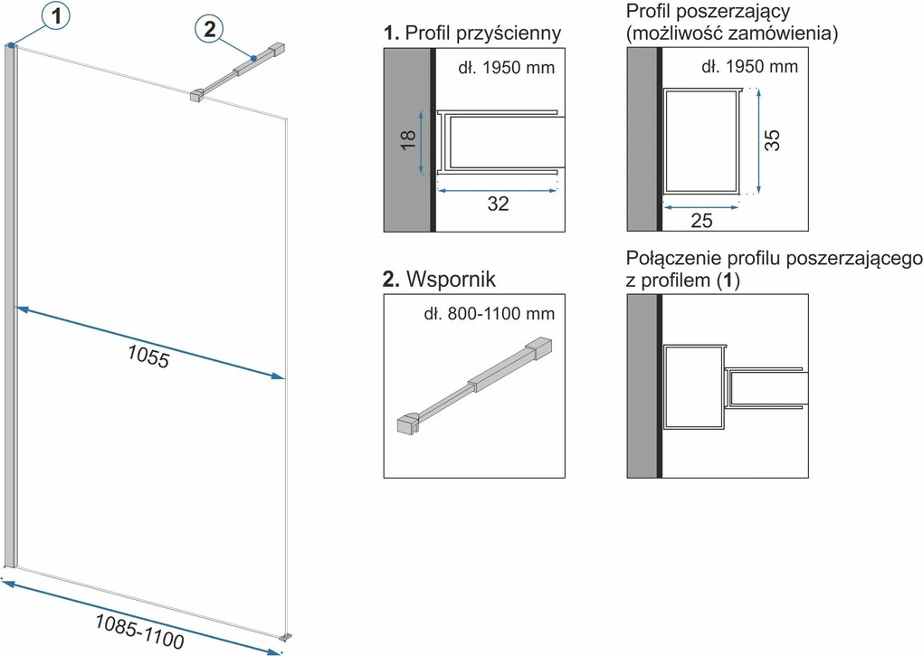 Rea Aero N, sprchová zástěna typu Walk-In 110cm, 8mm čiré sklo, chromový profil + polička a věšák EVO, KPL-K0612