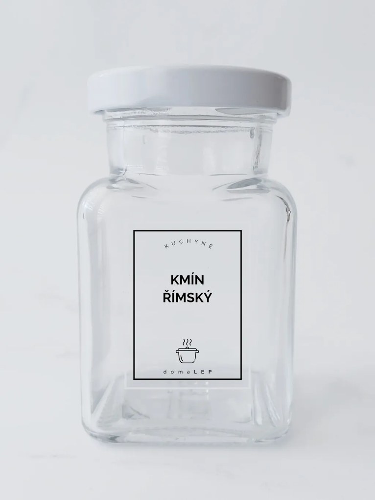 Samolepka na kořenky KMÍN ŘÍMSKÝ průhledná 3 × 4 cm tučné písmo
