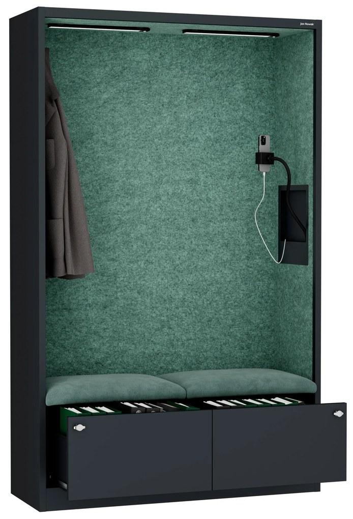 Kancelářská akustická kabina se sedátkem a USB-C portem, korpus antracitový / sedák zelený, 1150 mm: SALLY MentalBox