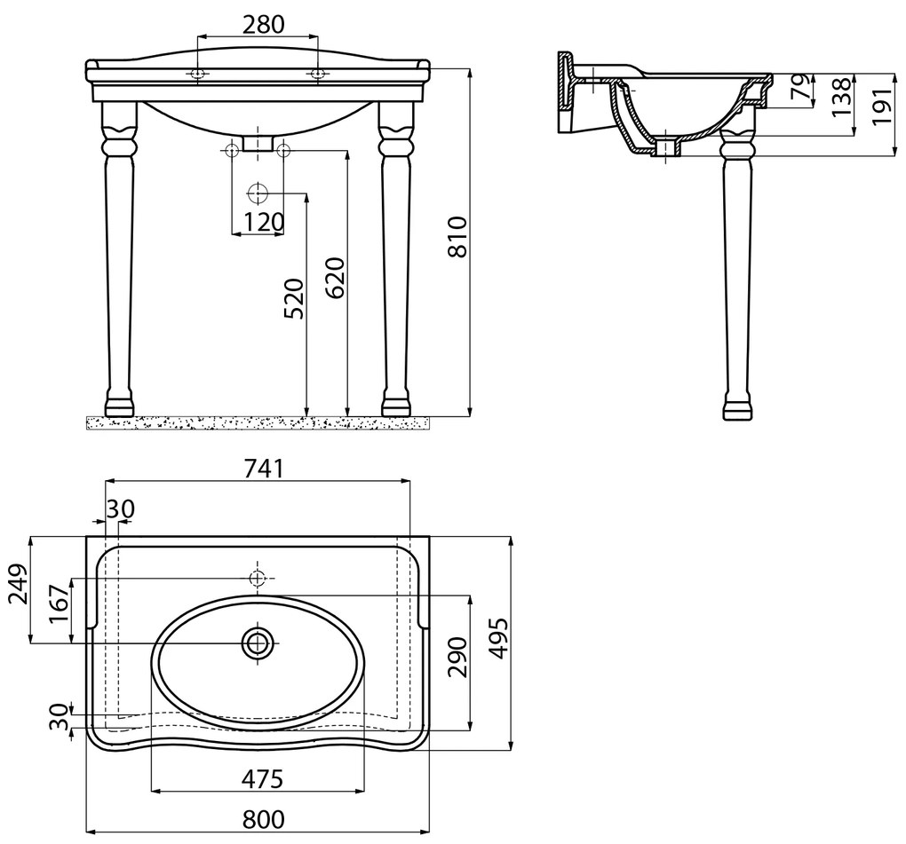 Sapho, ANTIK keramické umyvadlo 80x50 cm, AN080