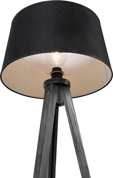 Stojací lampa na stativu černá s lněným stínítkem černým 45 cm - Tripod Classic