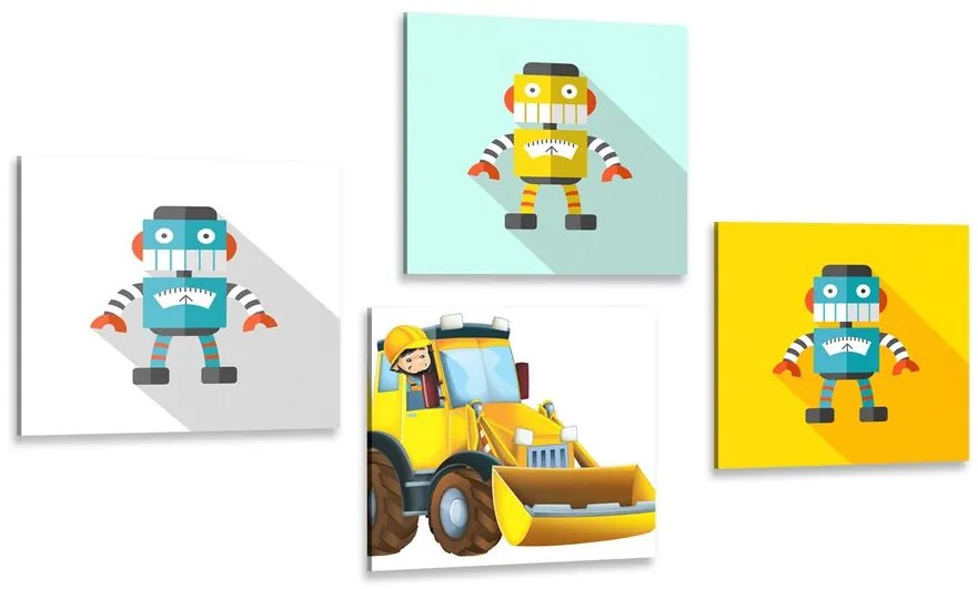 Set obrazů roboti se žlutým autem