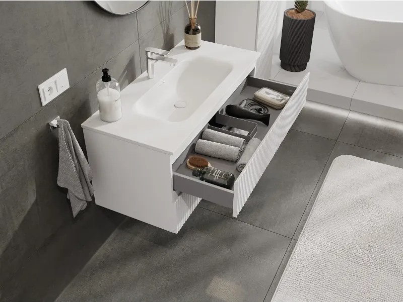 Mexen Rivel, koupelnová skříňka 100 cm s umyvadlem Vela, 2 zásuvky, drážkovaná, bílá matná, 91A20-10047-2-BFF01-W23M01