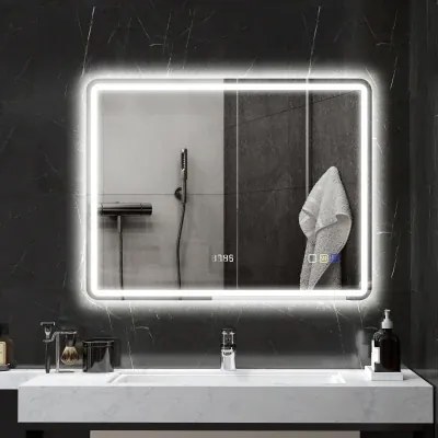 HOMCOM Koupelnové zrcadlo s LED osvětlením, protimlžnou podložkou, 3 nastavitelné barvy, hodiny, 700 x 900 mm, stříbrná barva