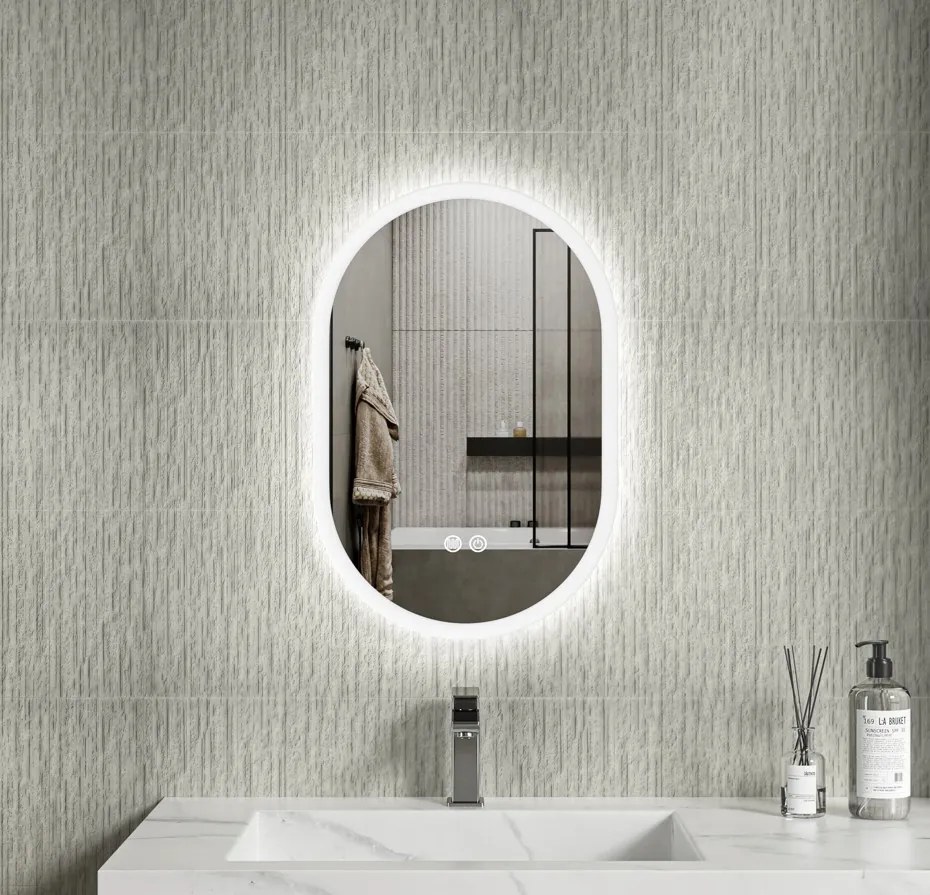 Erga Demi, oválné LED zrcadlo 40x60cm, 3 barvy světla, přední osvětlení, topná podložka proti zapaření, ERG-V01-DEMI-4060-CL