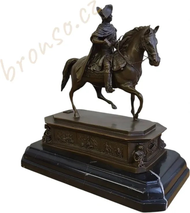 Pruský král Fridrich II. – „Starý Fricek“ s koněm, bronzová socha, historická umělecká dekorace