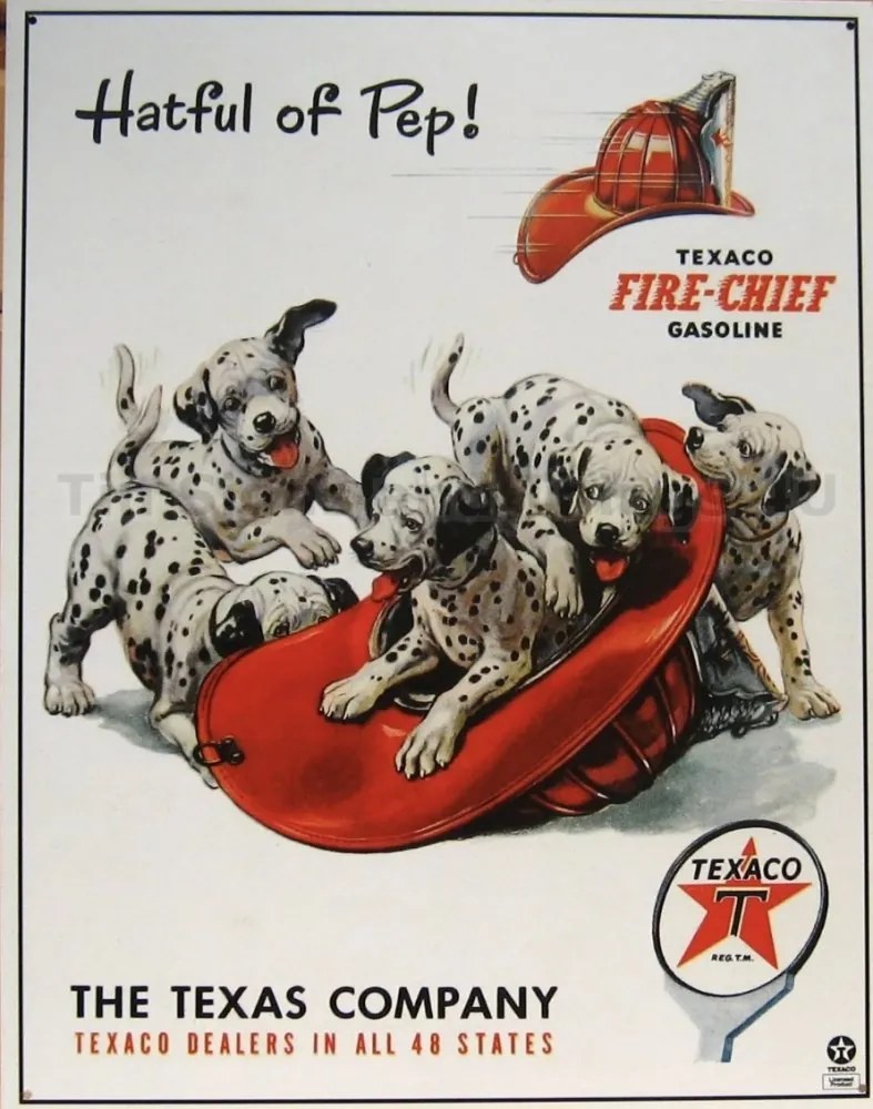 Plechová cedule Texaco Gasoline Fire chief Dalmatian poškozeno